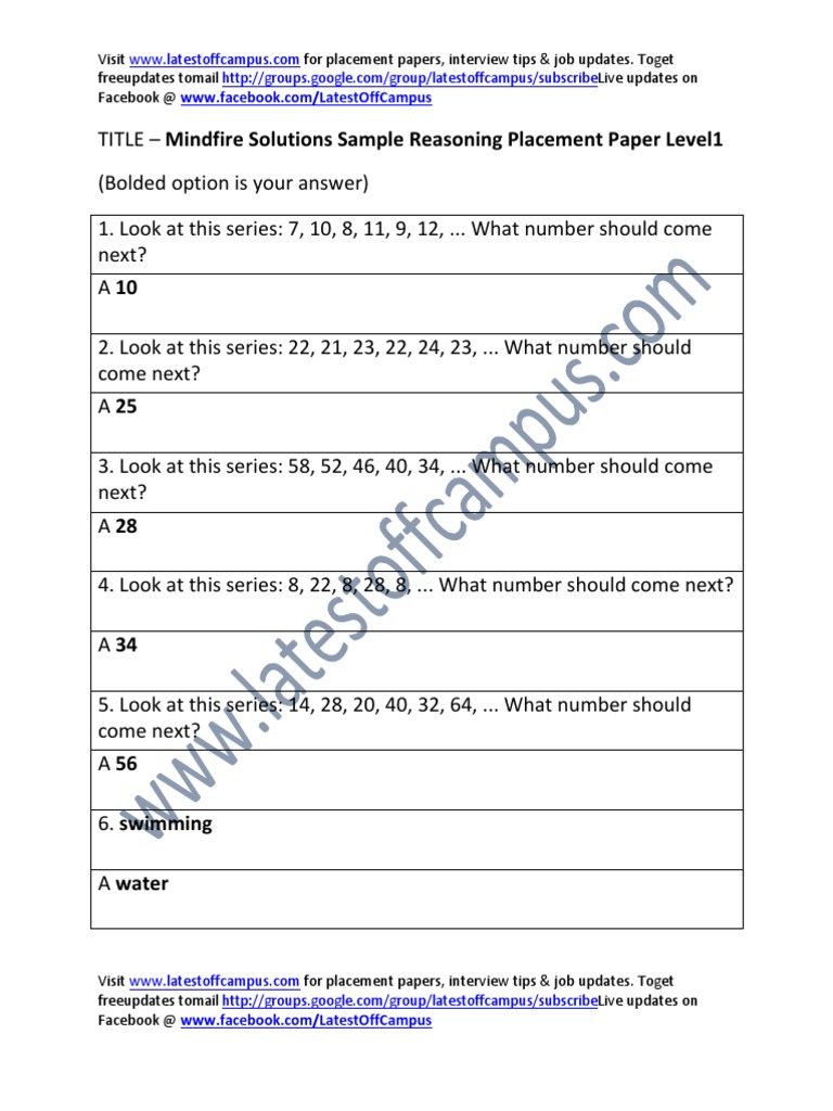 Mindfire Solutions Sample Reasoning Placement Paper Level1 | PDF | Nature