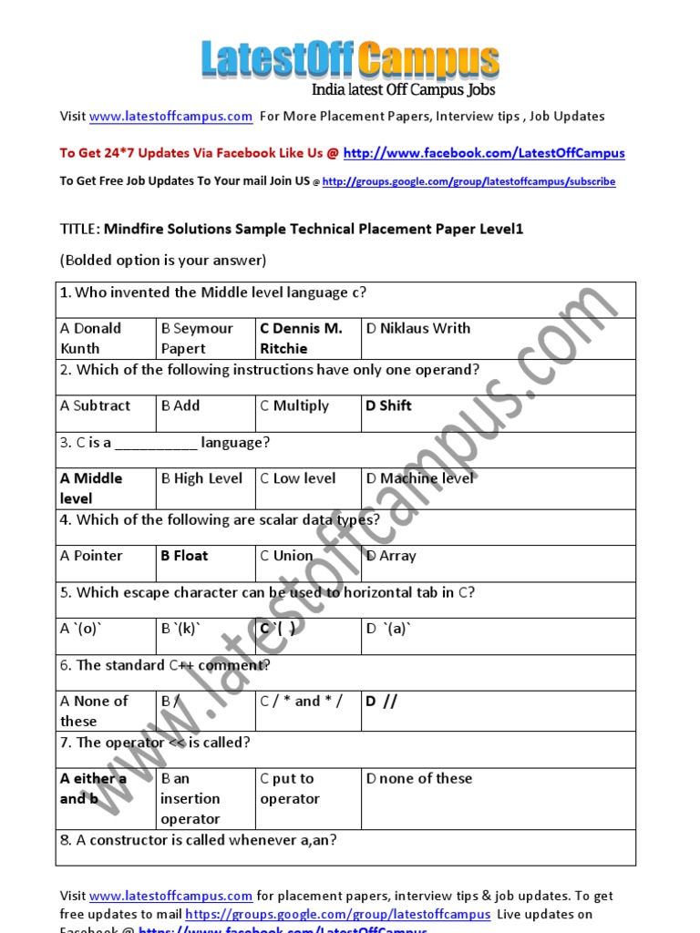 Mindfire Solutions Sample Technical Placement Paper Level1 | PDF | C (Programming Language ...