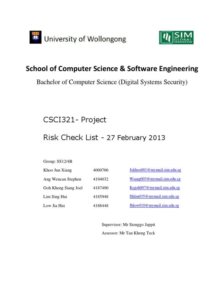 School of Computer Science & Software Engineering: CSCI321-Project Risk Check List | PDF | Risk ...