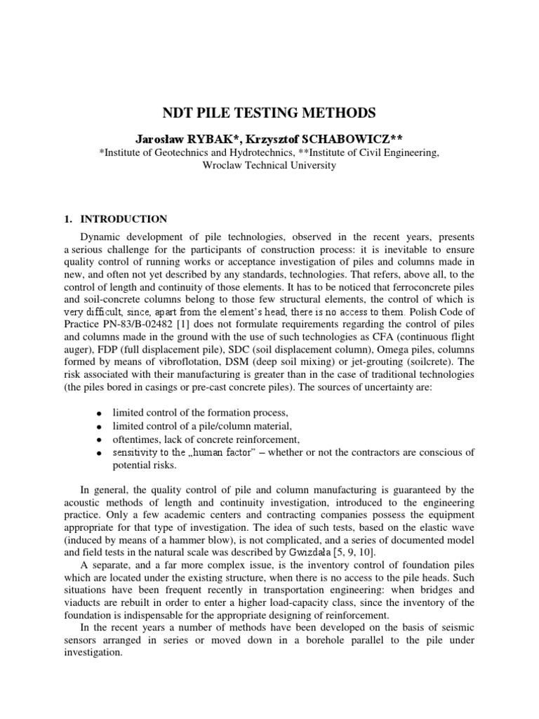 NDT Pile Testing Methods: Jarosław RYBAK, Krzysztof SCHABOWICZ | PDF ...