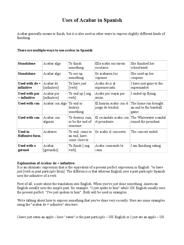 Acabar de and Acabar | PDF | Perfect (Grammar) | Verb