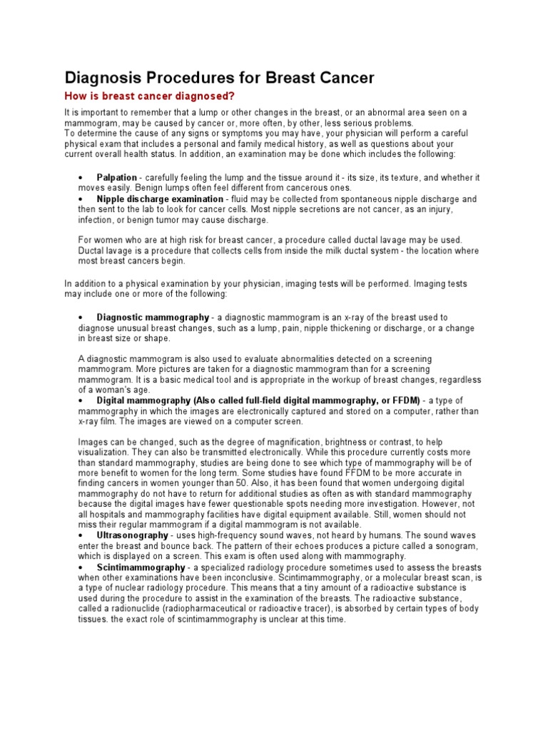 Diagnosis Procedures For Breast Cancer | PDF | Biopsy | Mammography