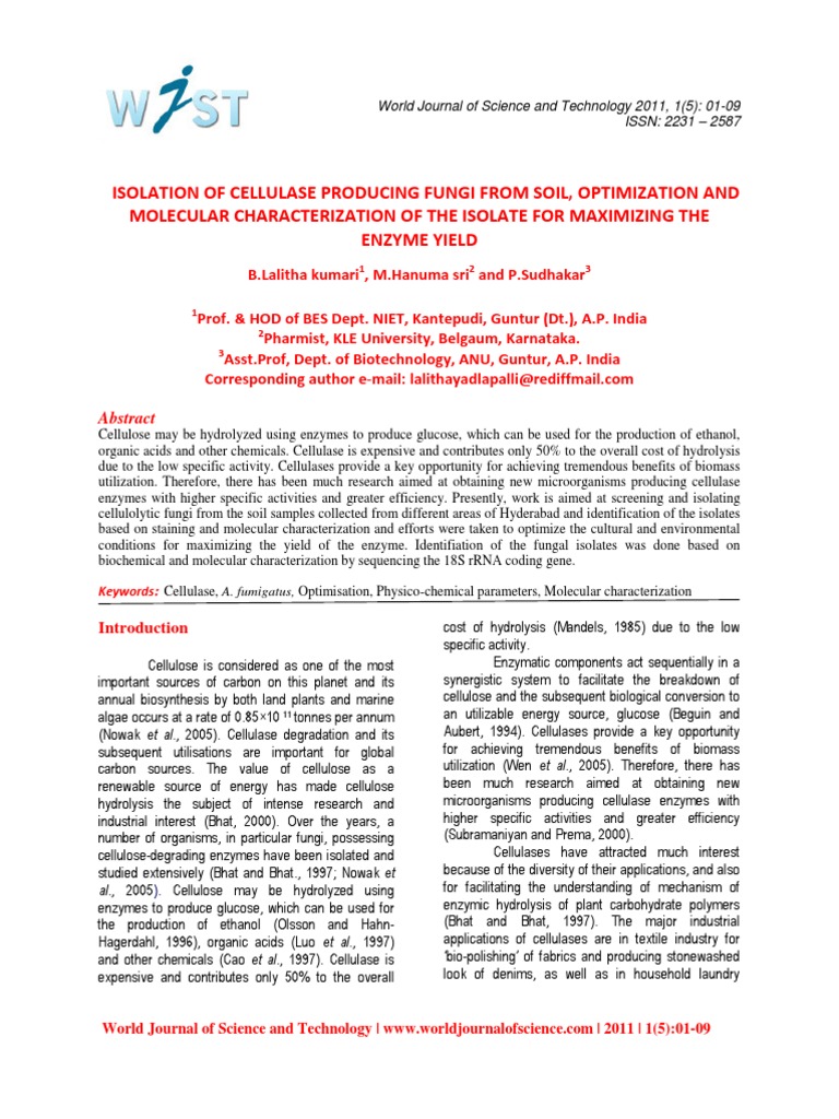 Isolation of Cellulase Producing Fungi From Soil, Optimization and Molecular Characterization of ...