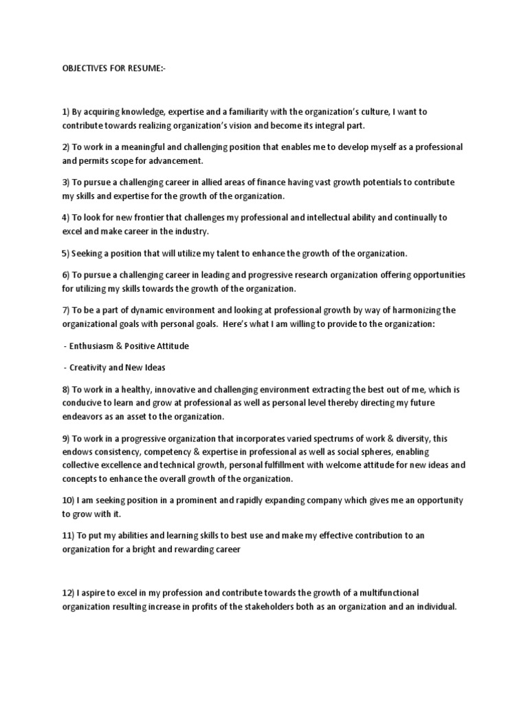 Objectives For Resumes | PDF | Expert | Creativity