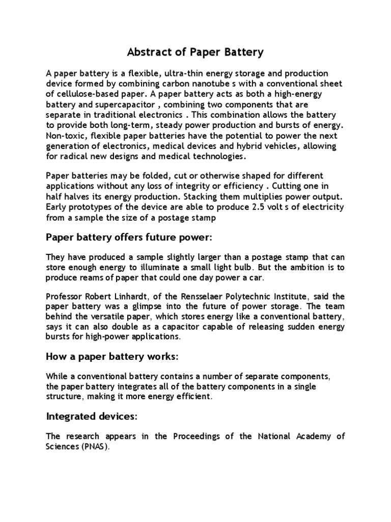 Paper Battery | Download Free PDF | Battery (Electricity) | Electricity
