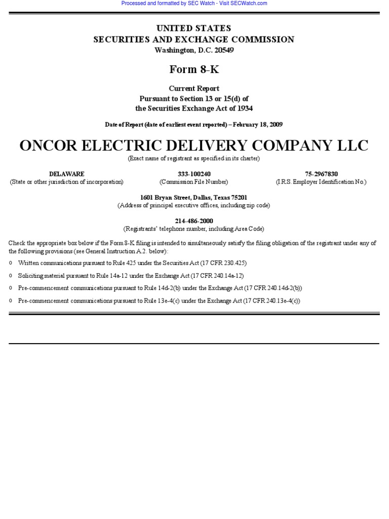 Oncor Electric Delivery Company Llc: Form 8-K | Goodwill (Accounting ...