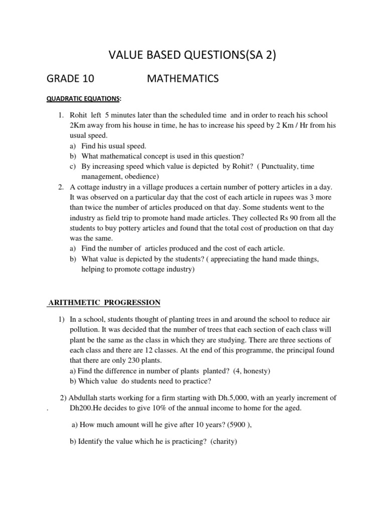 Value Based Questions Grade 10 Sa 2 | PDF | Volume | Space