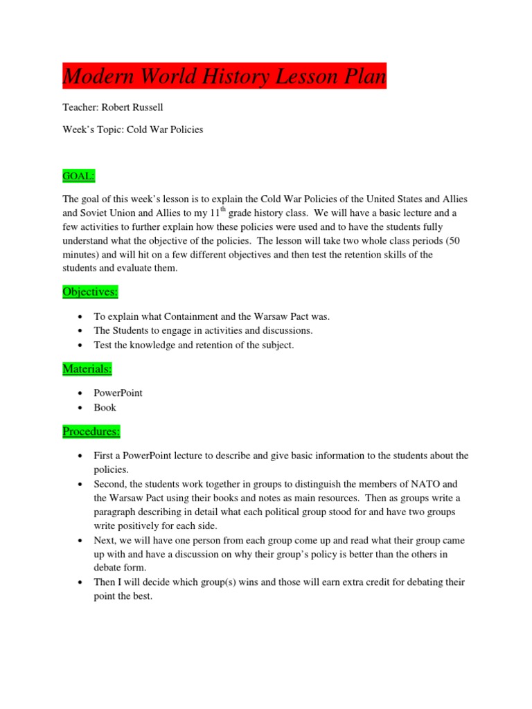 Modern World History Lesson Plan | PDF | Lecture | Lesson Plan