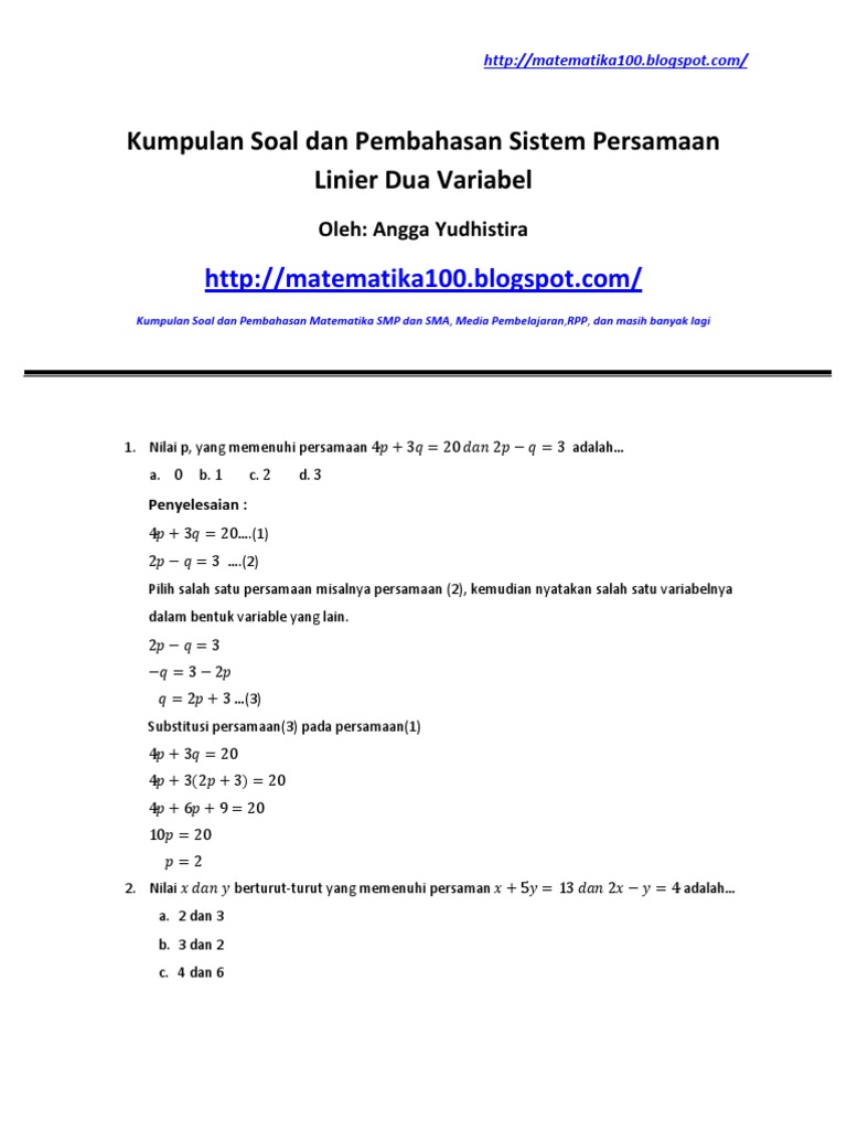 Kumpulan Soal Dan Pembahasan Sistem Persamaan Linier Dua Variabel SPLDV | PDF | Seni | Sains ...