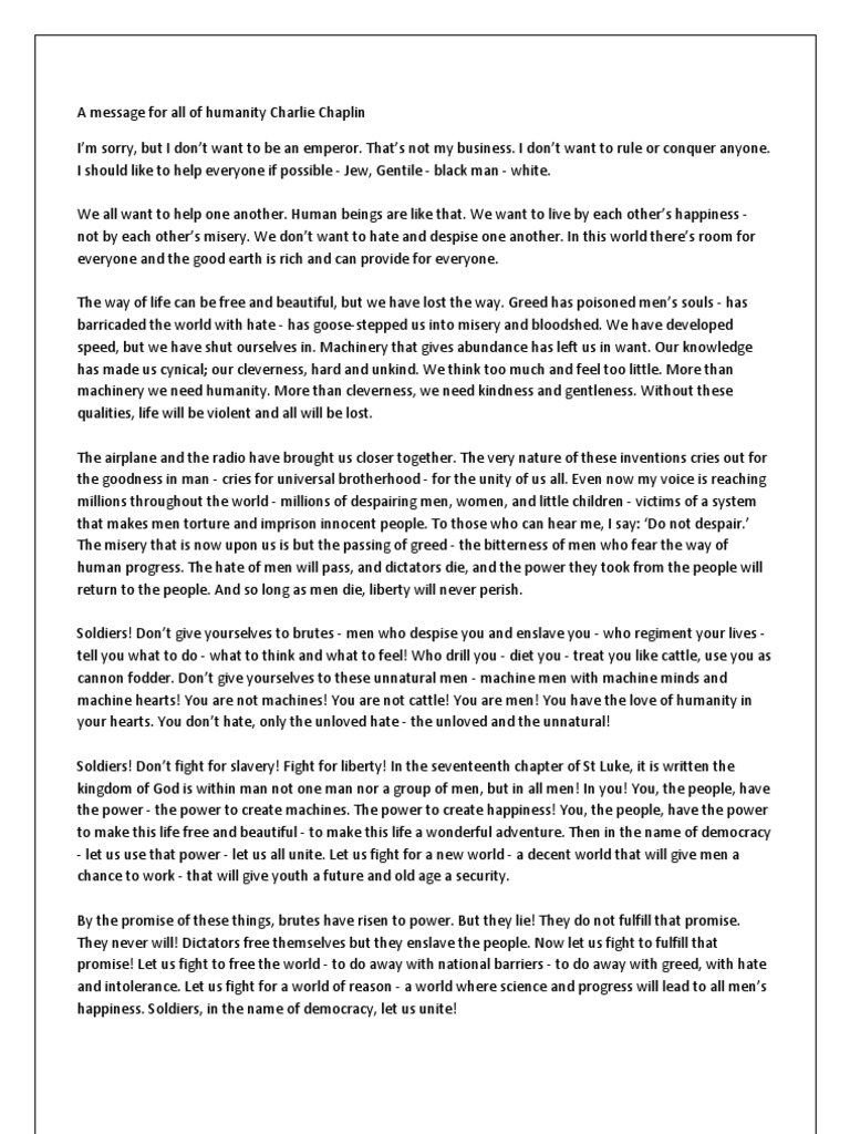 A Message For All of Humanity Charlie Chaplin | PDF