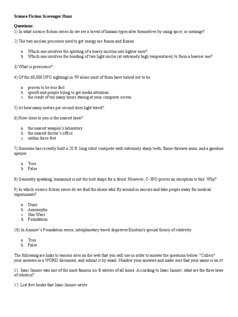 Science Fiction Scavenger Hunt | PDF | Isaac Asimov | Science Fiction