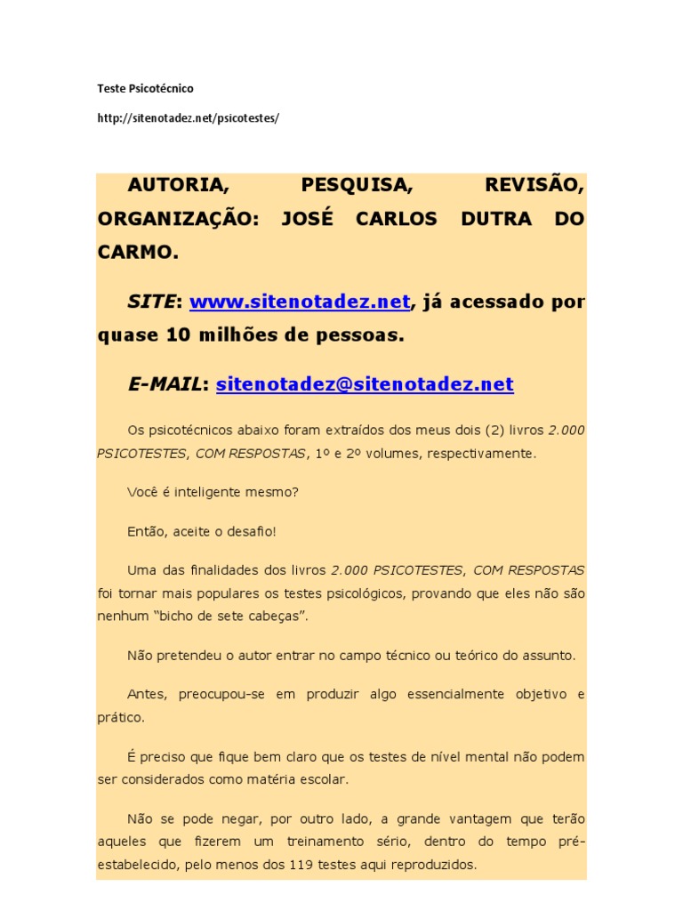 Teste Psicotécnico Extraído do Livro '2.000 PSICOTESTES, COM RESPOSTAS ...