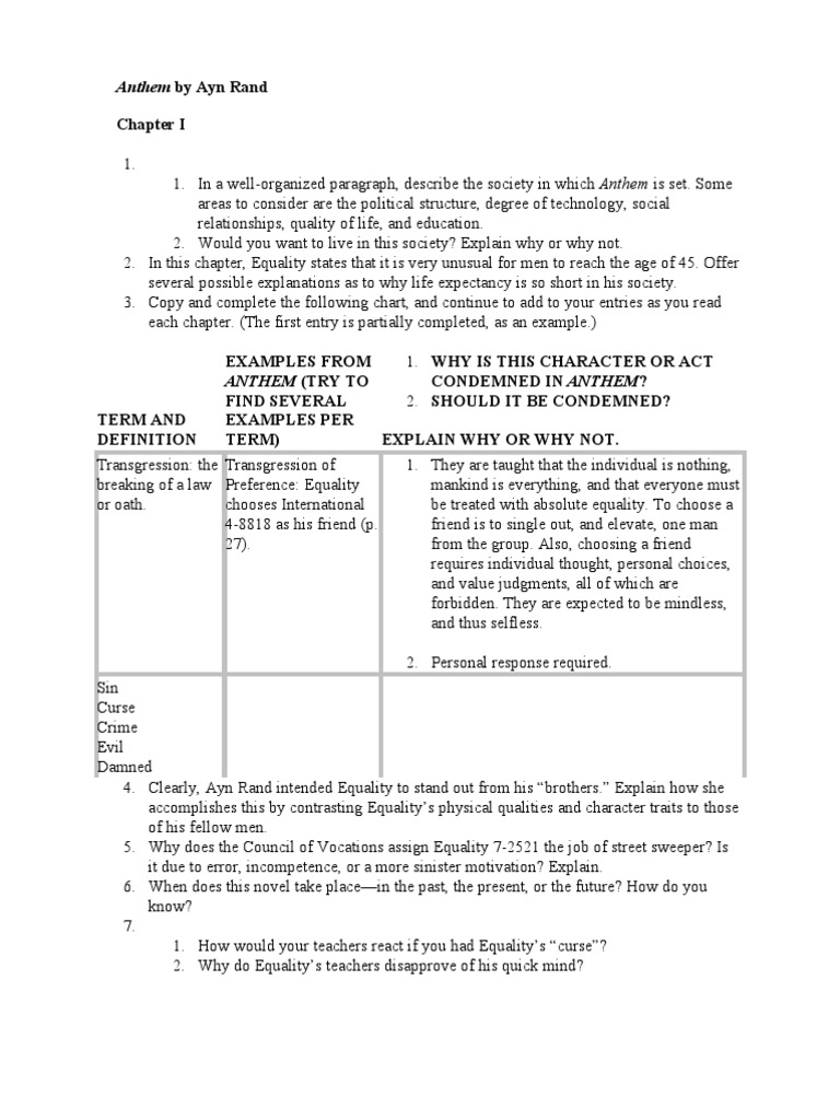 Anthem by Ayn Rand Questions | PDF | Psychological Concepts | Religion ...