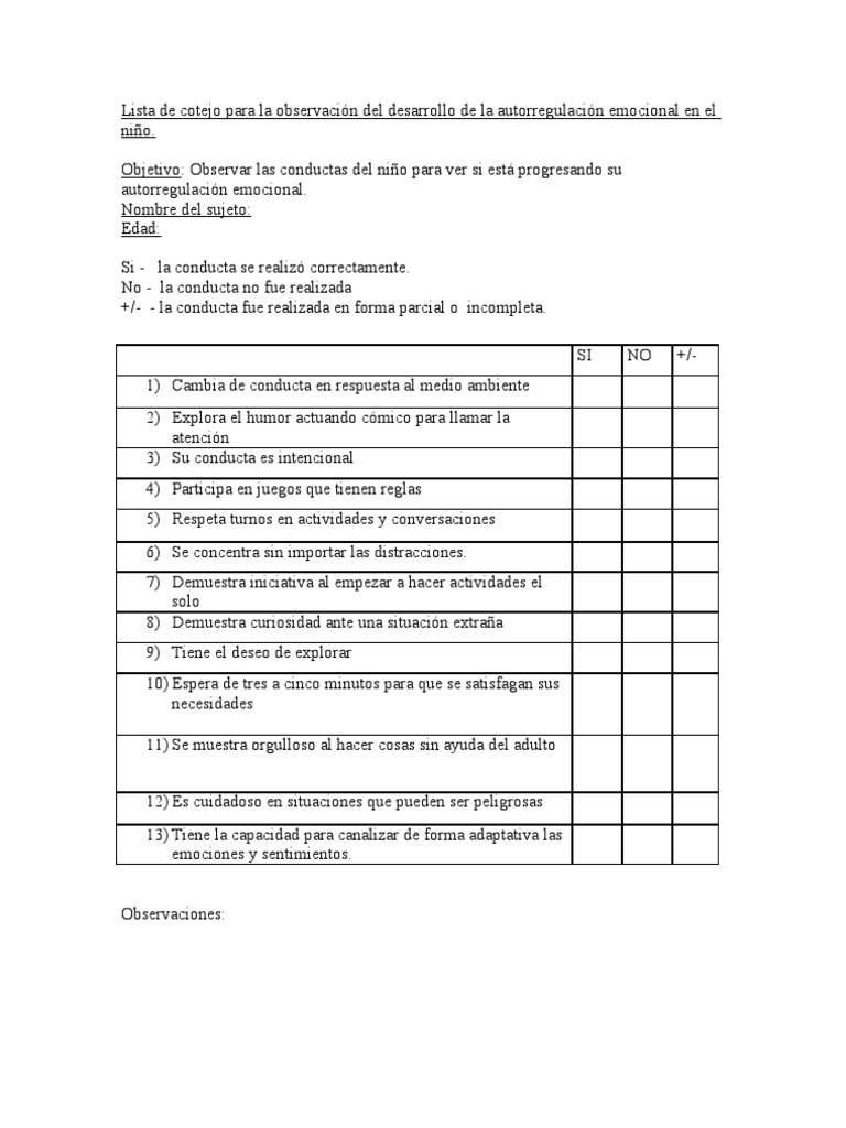Lista de Cotejo Autoregulacion Emocional. | PDF | Salud y bienestar
