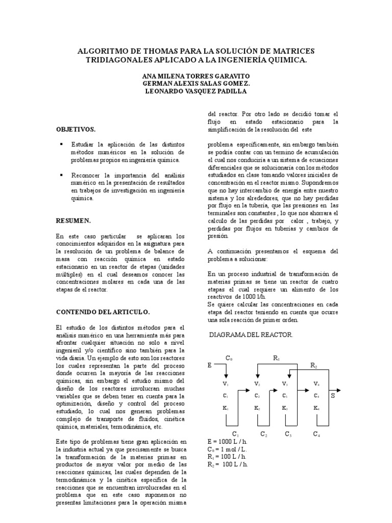 Algoritmo de Thomas | PDF | Reactor Quimico | Análisis numérico