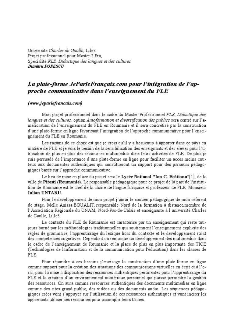 Projet Master Professionnel FLE | PDF | Pédagogie | Enseignants