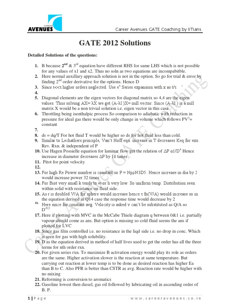 GATE 2012 Chemical (CH) Solution | PDF | Gibbs Free Energy ...