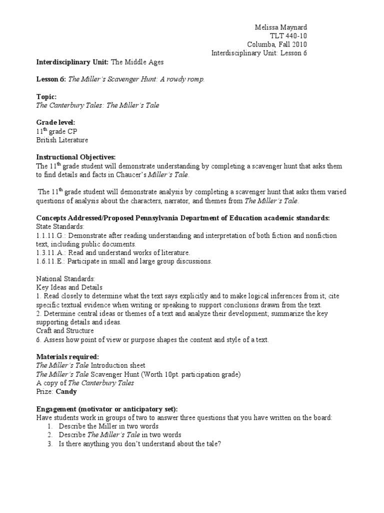 The Miller's Tale Scavenger Hunt Lesson Plan | PDF | The Canterbury ...