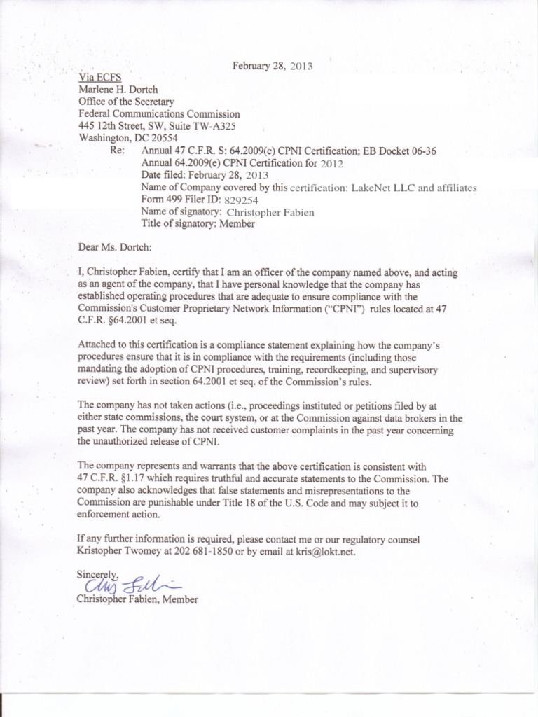 CPNI Cert 2013 | PDF | Finance & Money Management | Law