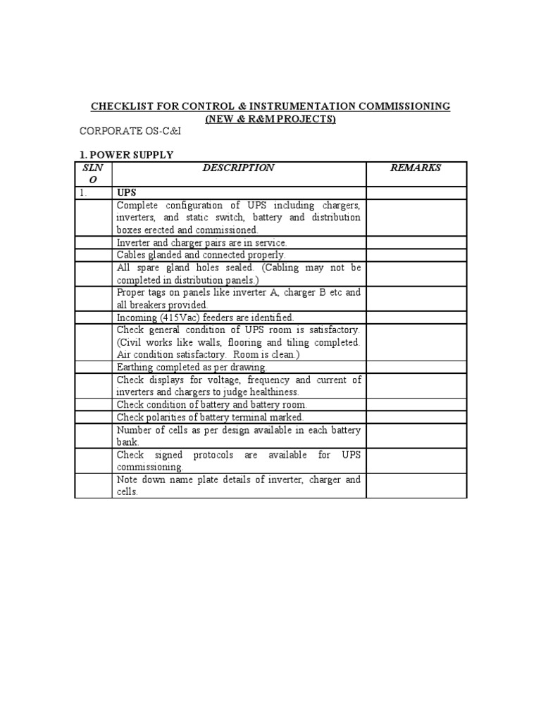 Checklist of C&i For Full Load Operation | PDF | Valve | Battery ...