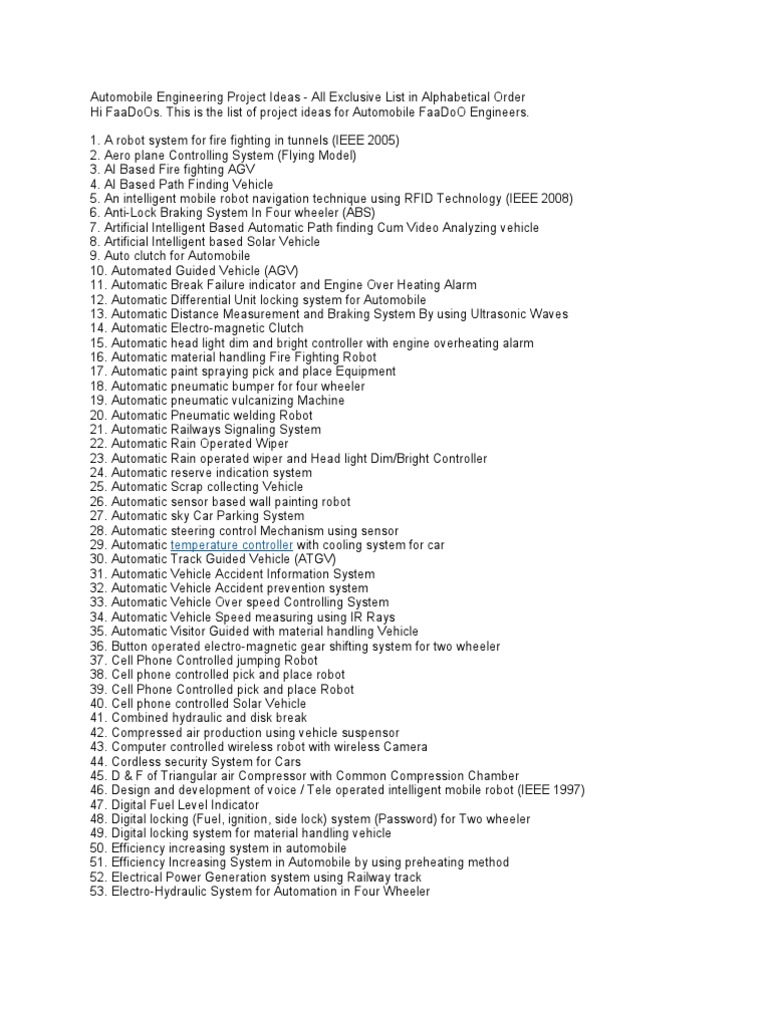 Automobile Engineering Project Ideas | Download Free PDF | Vehicles | Car