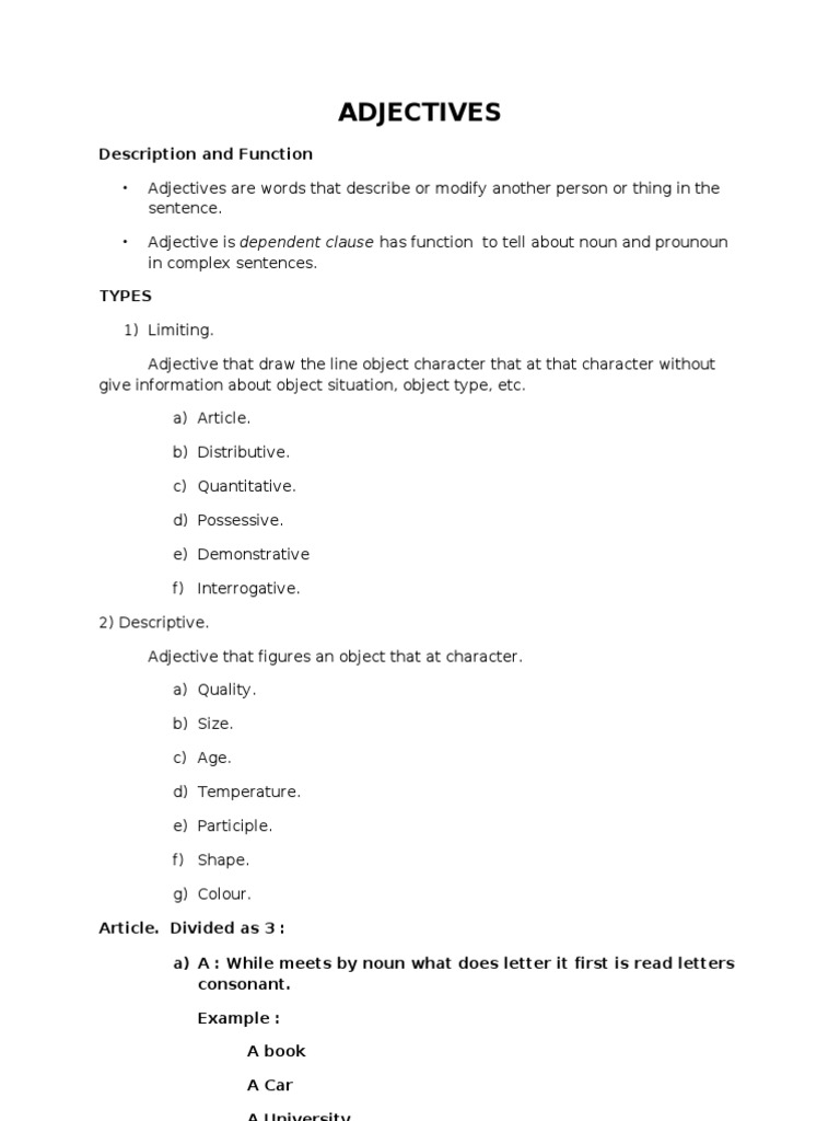Adjectives: Description and Function | PDF | Adjective | Noun