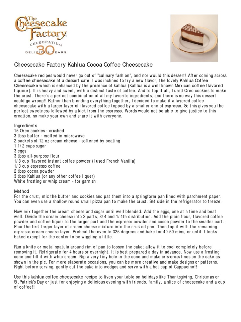 CheeseCake Factory Kahlua Cocoa Coffee Cake | PDF | Cheesecake | Desserts