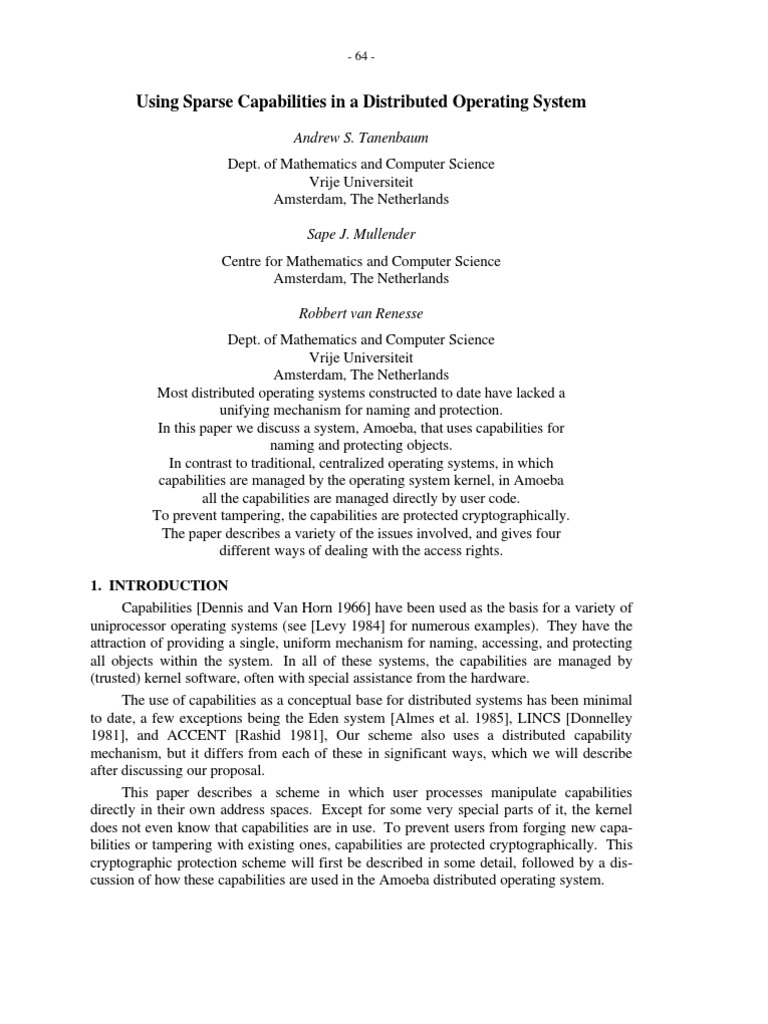 Using Sparse Capabilities in A Distributed Operating System: Andrew S. Tanenbaum | PDF | Kernel ...