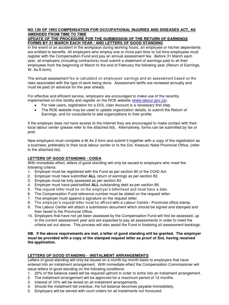 COIDA-Letters of Good Standing Revised Procedure Feb 2013 | PDF ...