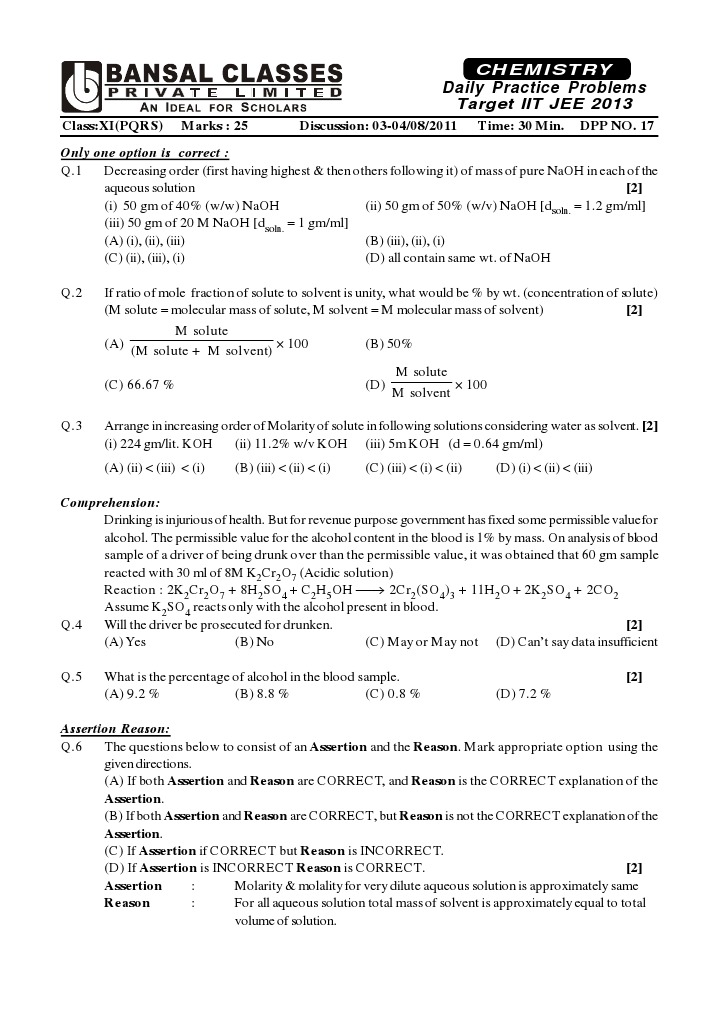 IIT JEE Chemistry DPP: Concentration Terms" TITLE"IIT JEE Chemistry DPP ...