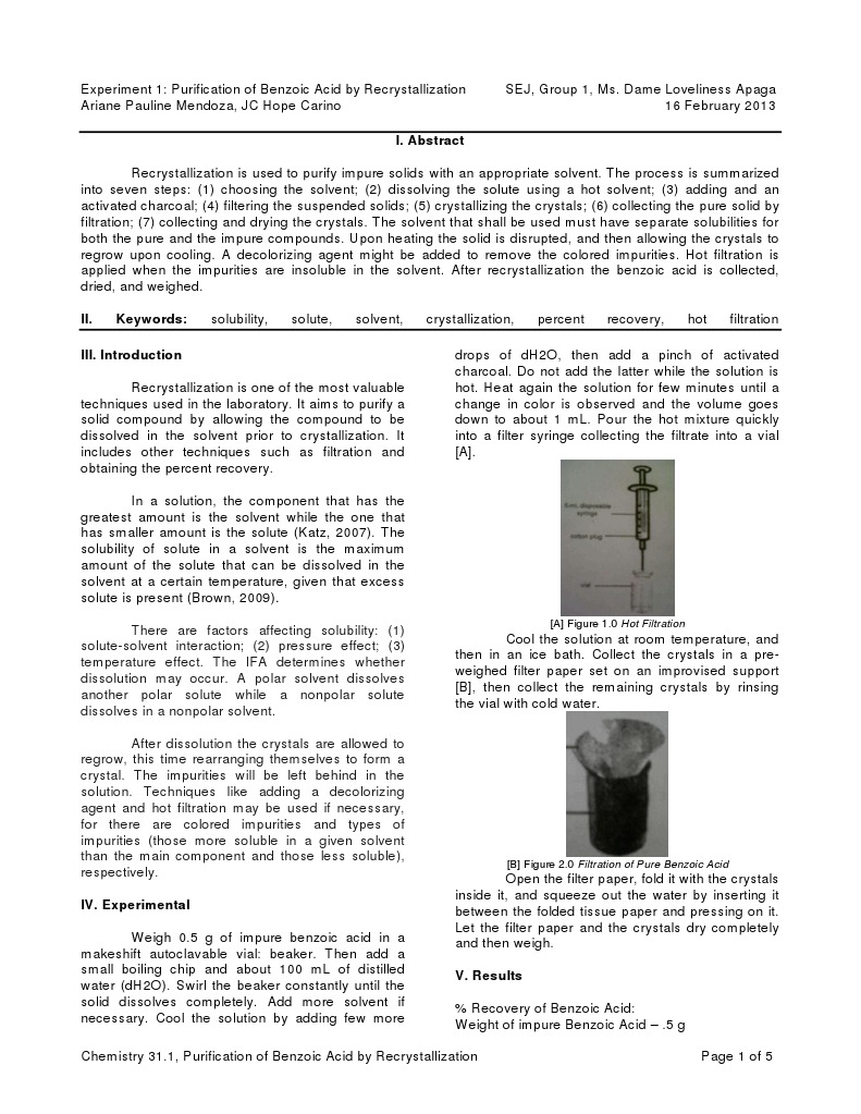 Purification of Benzoic Acid by Recrystallization: An Experiment on ...