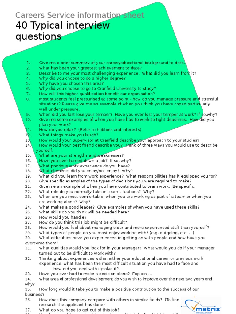 40 Typical Interview Questions: Careers Service Information Sheet | PDF ...