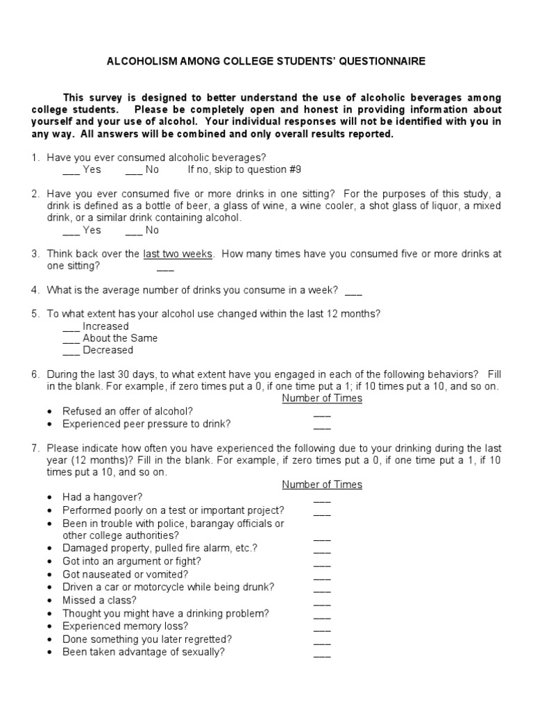 College Student Alcohol Consumption Survey | PDF | Alcoholic Drinks ...