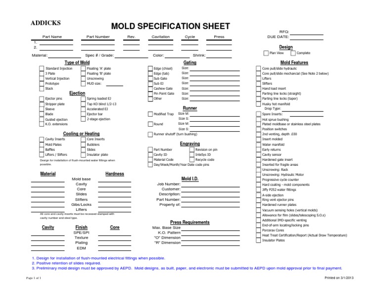 Mold Spec Sheet | PDF | Mold | Industries