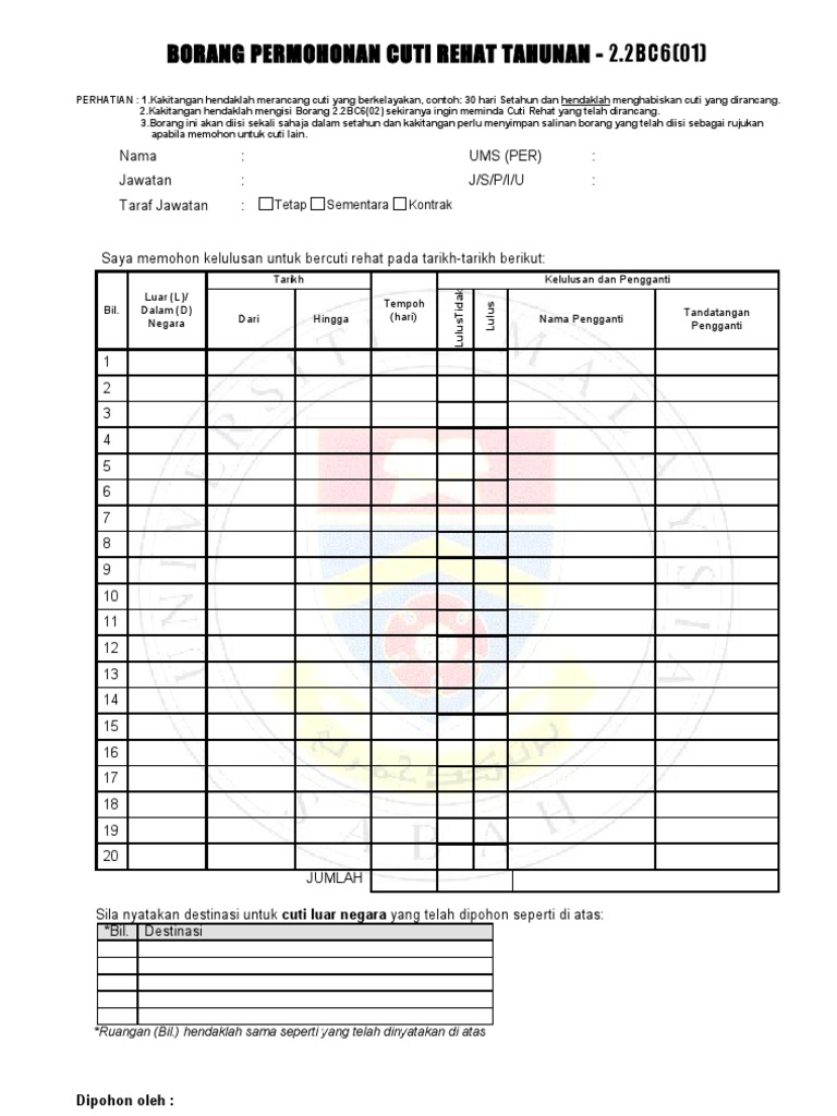 Borang Permohonan Cuti Rehat Tahunan | PDF