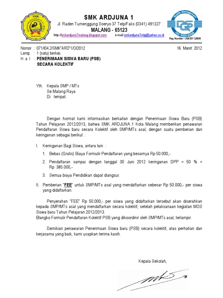 Surat PSB Kolektif Untuk SMP | PDF