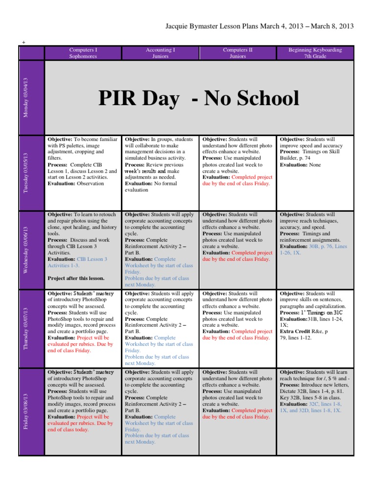 BHS Semester 2 Week 8 Lesson Plans | PDF | Adobe Photoshop | Evaluation