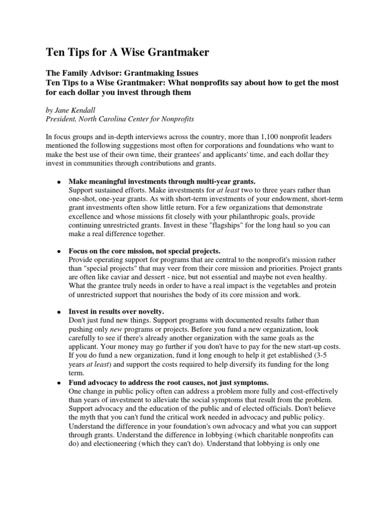 Ten Tips For A Wise Grantmaker | PDF | Nonprofit Organization | Grant ...