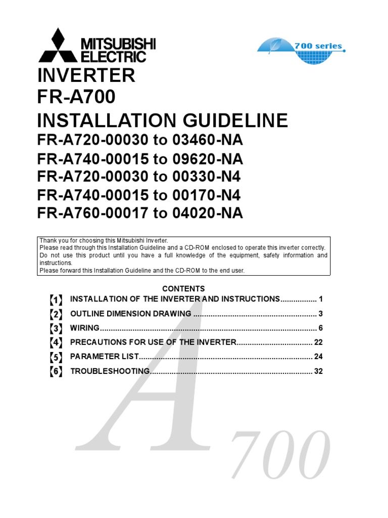 Mitsubishi FR-A700 Installation Guide | PDF | Electrical Wiring | Power ...