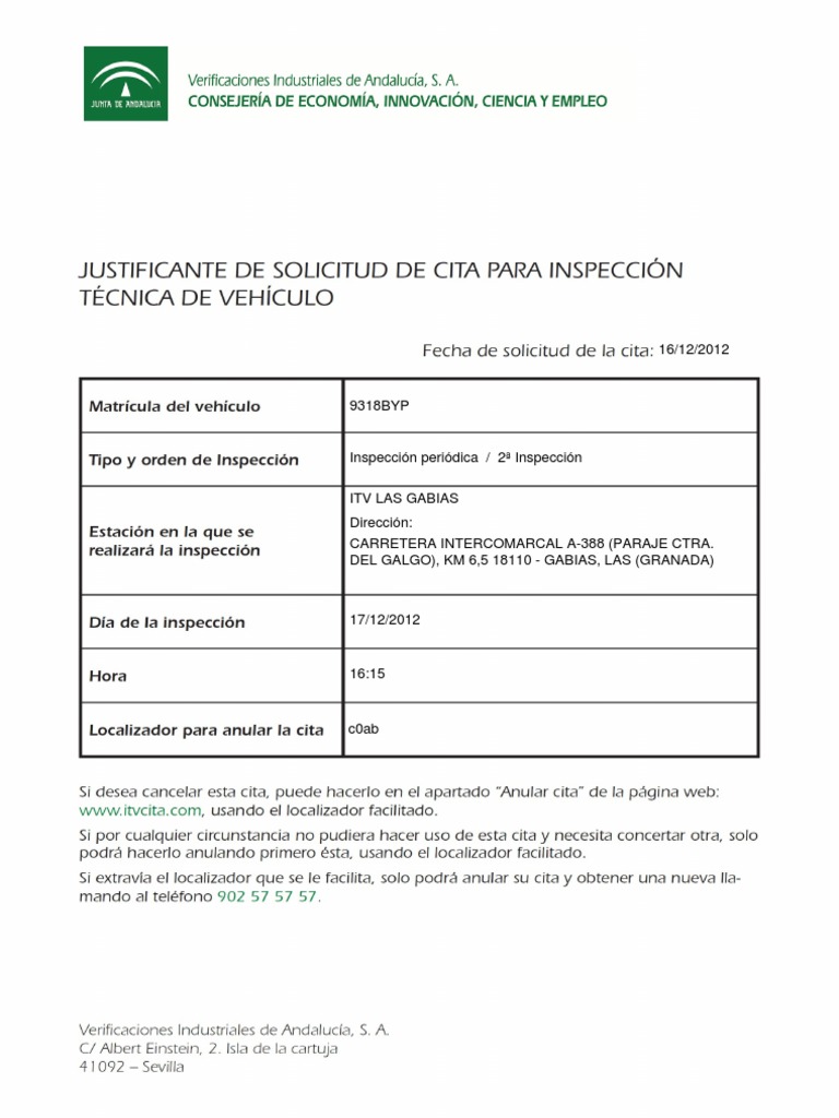 Justificante Cita Itv | PDF