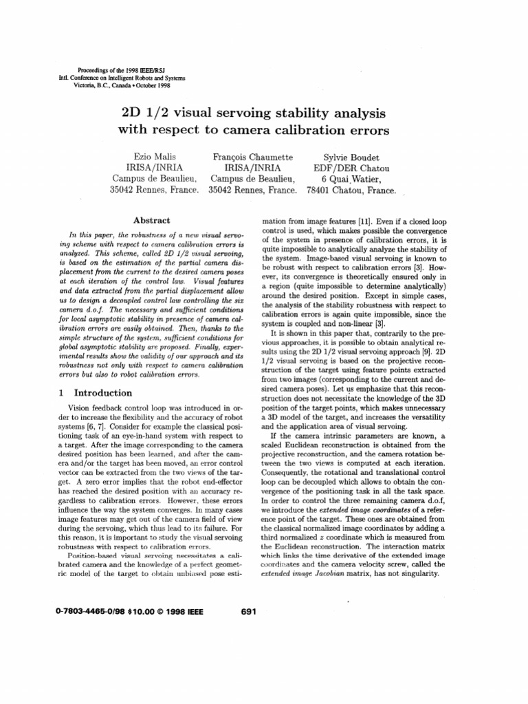 2D 1 2 Visual Servoing Stability Analysis With Respect To Camera Calibration Errors | PDF ...