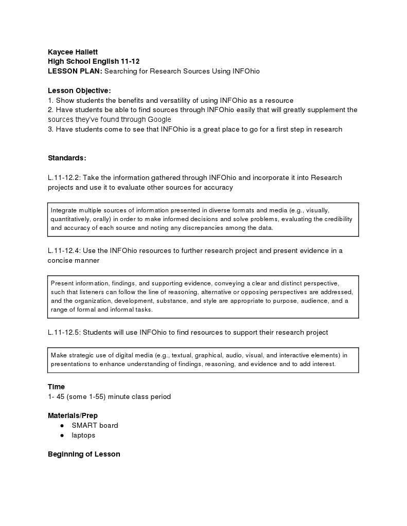 Kaycee Hallett High School English 11-12 Lesson Plan: Searching For ...
