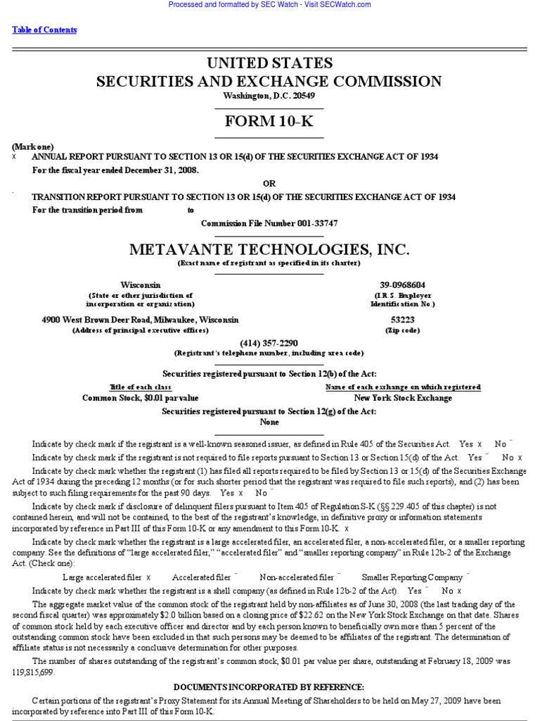 Metavante Technologies, Inc. 10-K (Annual Reports) 2009-02-20 | PDF ...