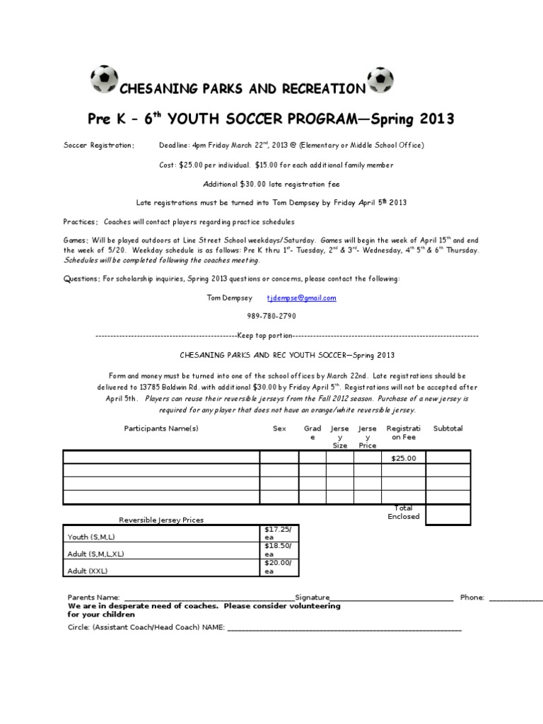 Chesaning Youth Soccer Registration 2013 | PDF