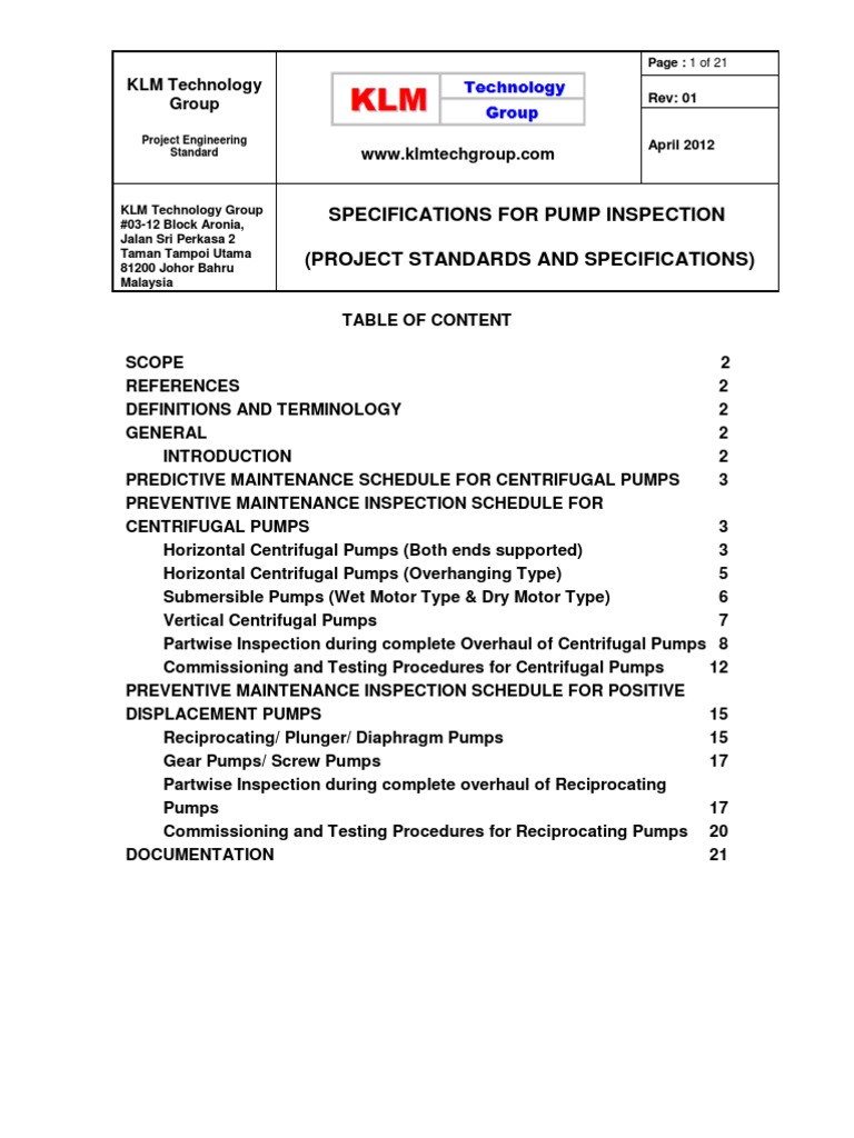 Project Standards and Specifications Inspection of Pumps Rev01 | PDF | Bearing (Mechanical) | Pump