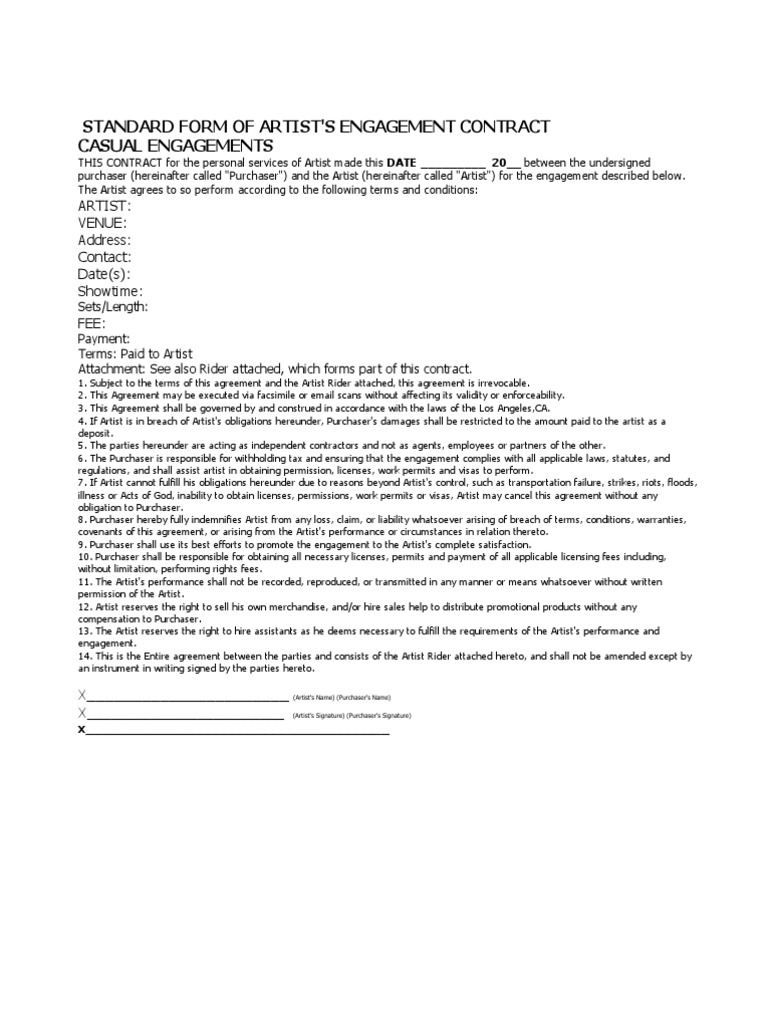 Artist Contract and Rider | License | Social Institutions