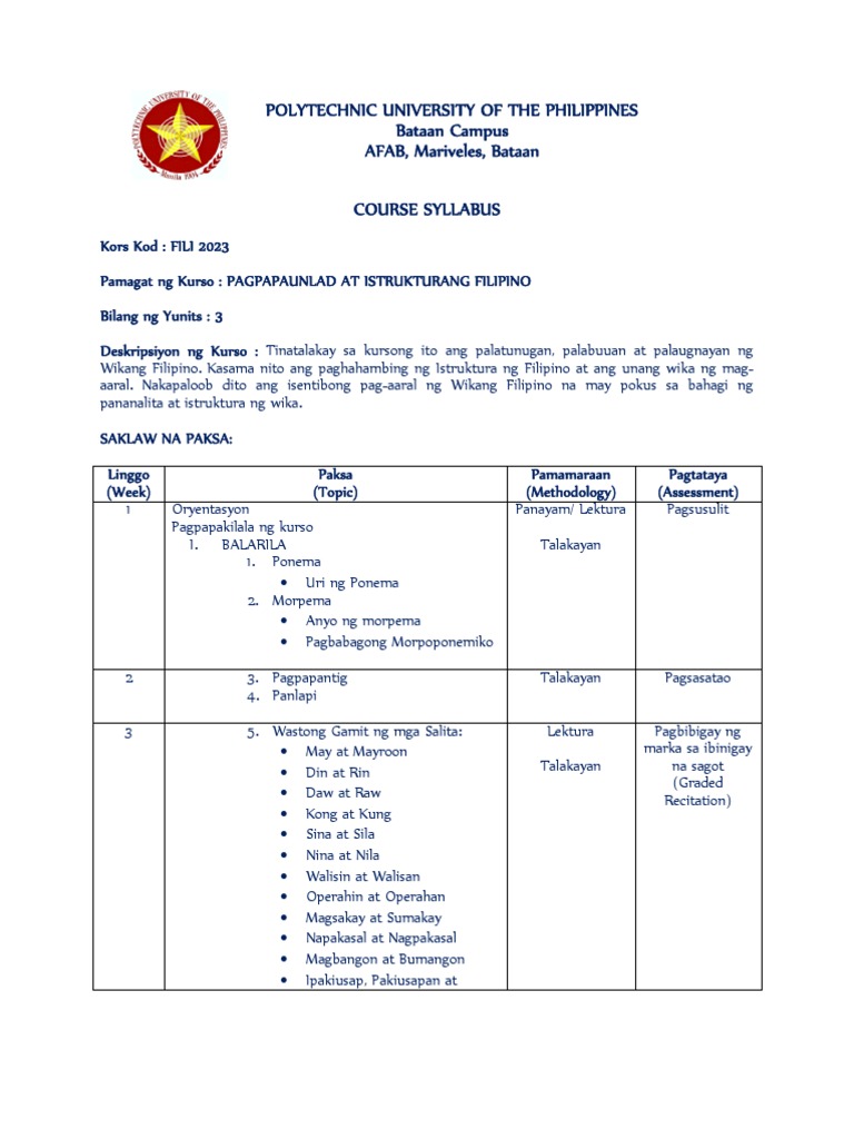 Filipino Course Syllabus | PDF