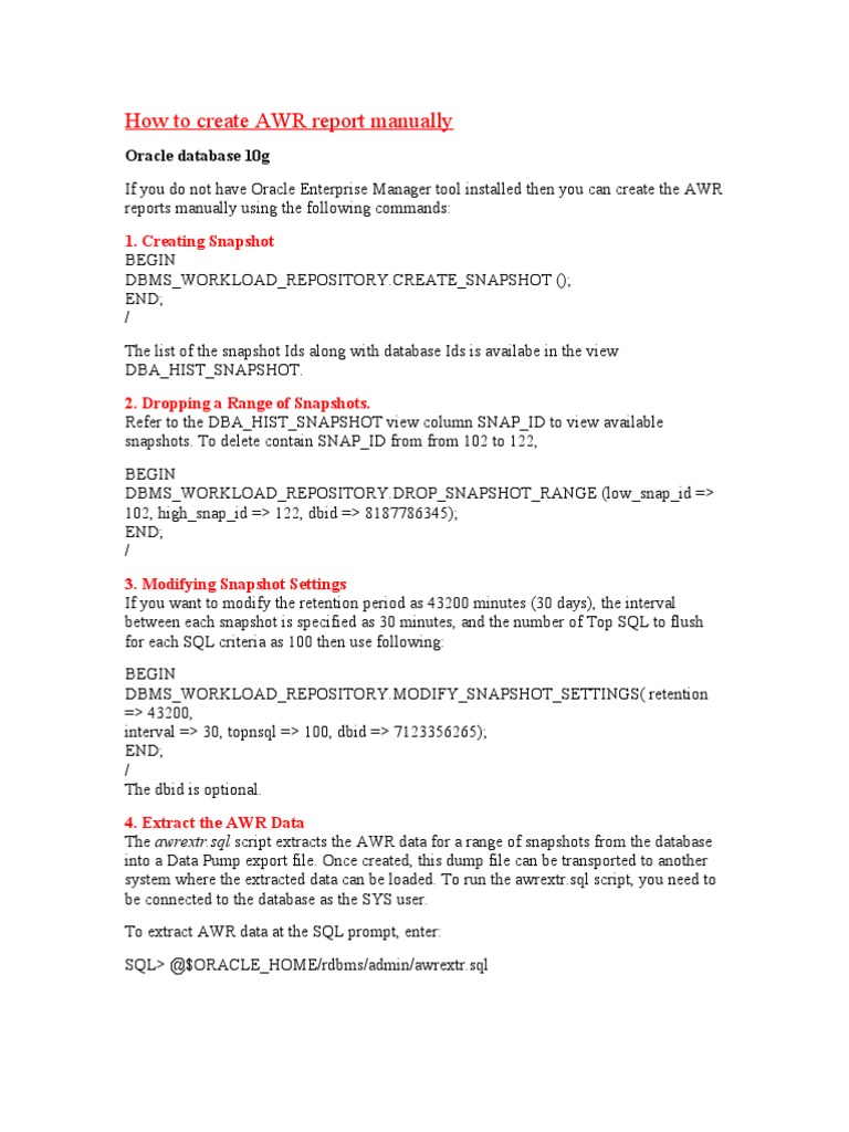 How To Create AWR Report Manually | PDF | Sql | Oracle Database