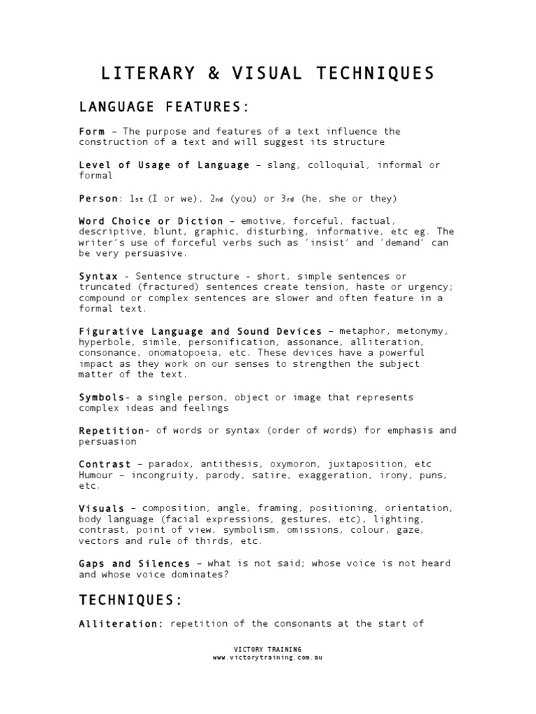 Literary & Visual Techniques: Language Features | PDF | Composition ...