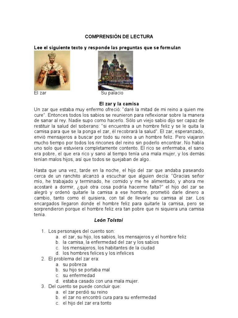 Comprensión Lectora: El Zar y la Camisa | PDF | Historia